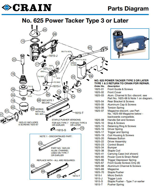 Buy Crain Tool 625 Power Tacker Parts online | DRP Tools